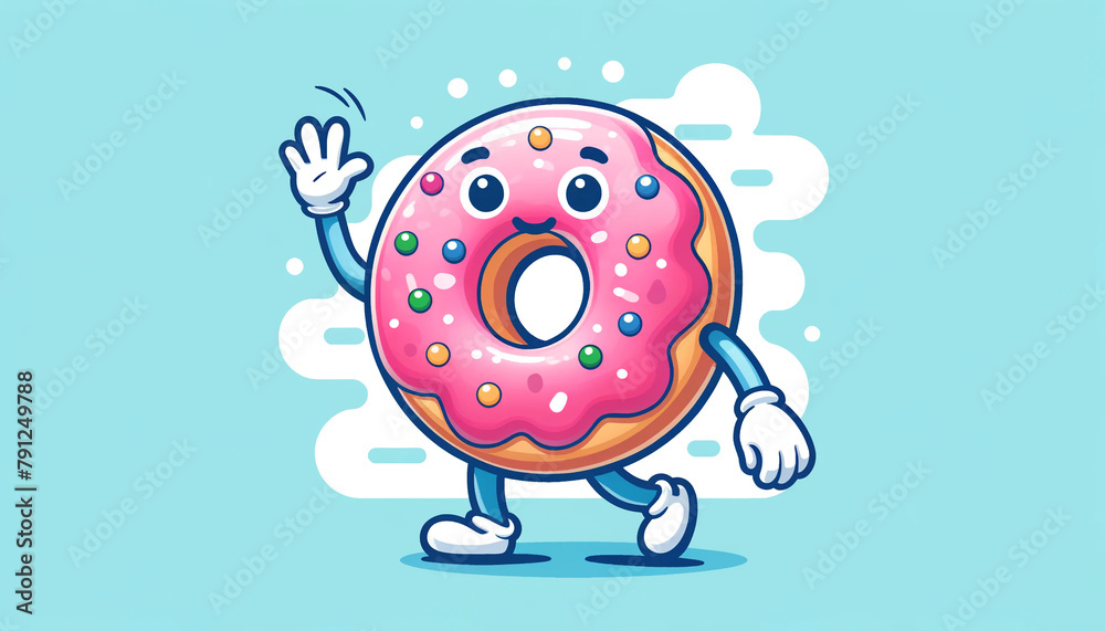 An animated donut character with arms and legs waving happily. The ...