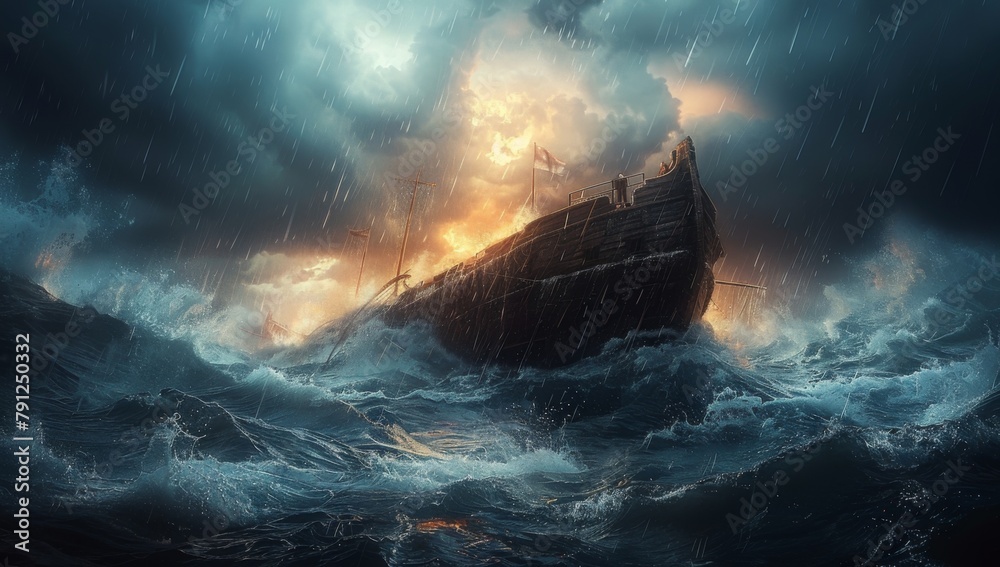 Stormy Seas: Noah's Ark Floating Amidst Turbulent Waters. Biblical Artistic Interpretation Stock ...