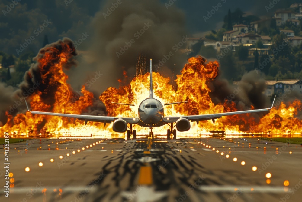 Plane crash airplane on runway catastrophe burning wrecks engine fire ...