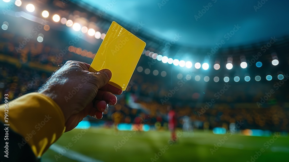 A photograph depicting a guy referee brandishing a yellow card over a ...