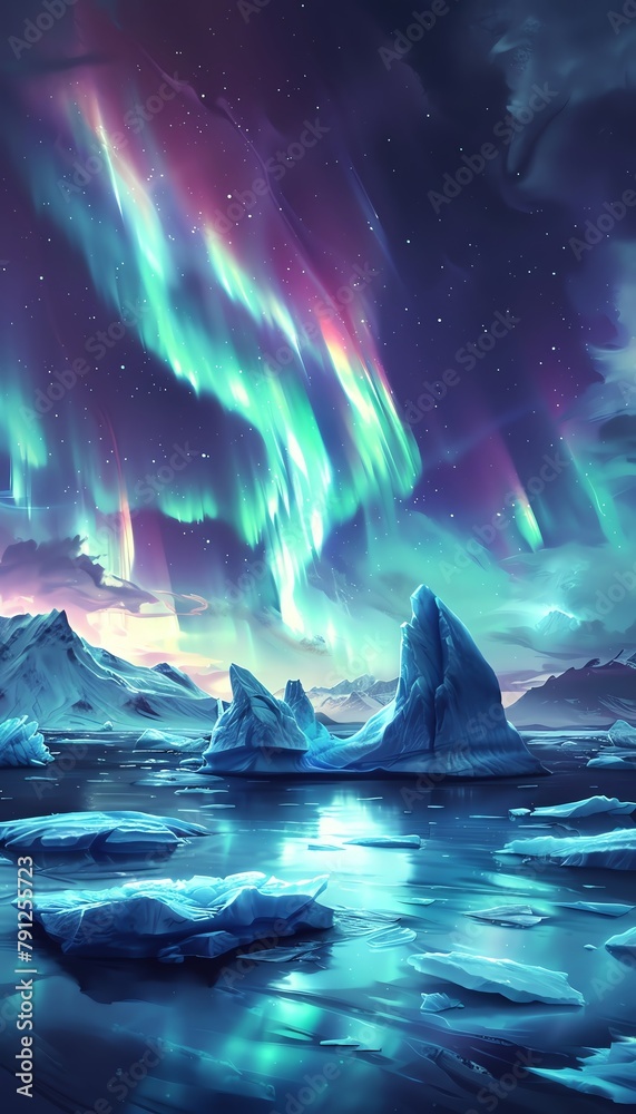 Arctic night with glowing icebergs and a sky full of the northern ...