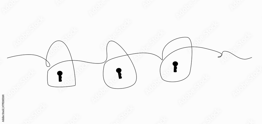 one continuoes drawing of padlocks with key hole, concept of privacy ...