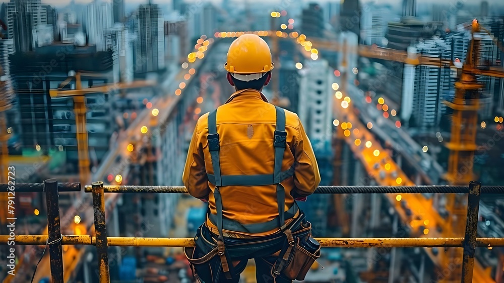 Engineer overseeing city bridge construction and infrastructure ...