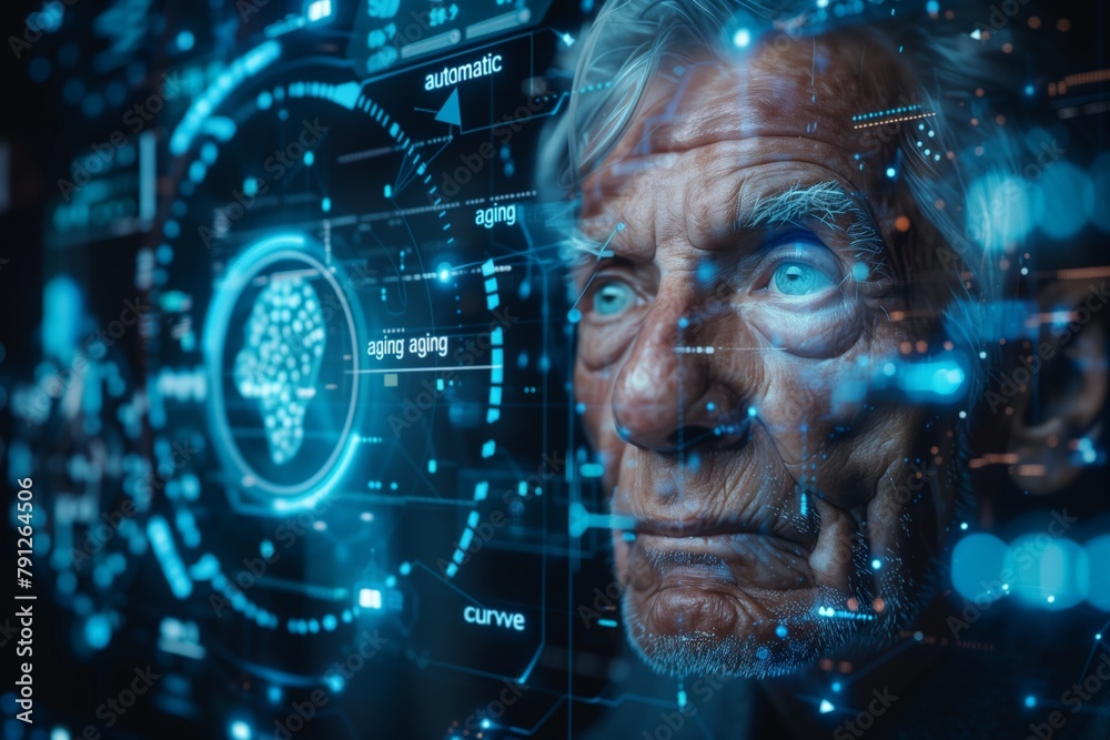 Elderly man an AI interface displaying data points about him such as ...