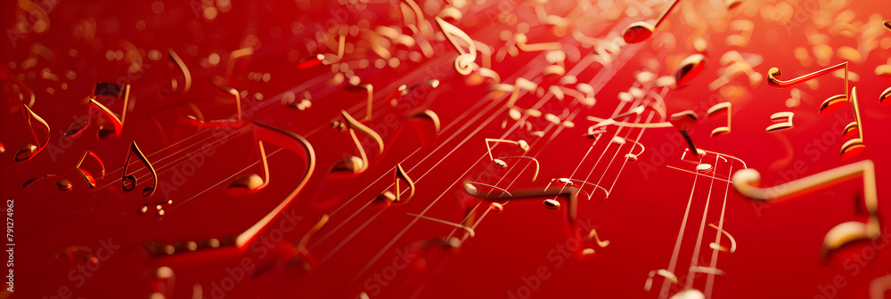 A red background with music notes and a red background,Musical notes ...