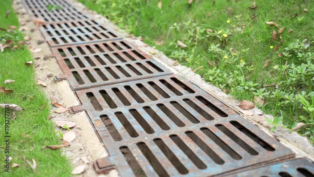 drainage rusty grid in the landscape for the drainage of rainwater in ...