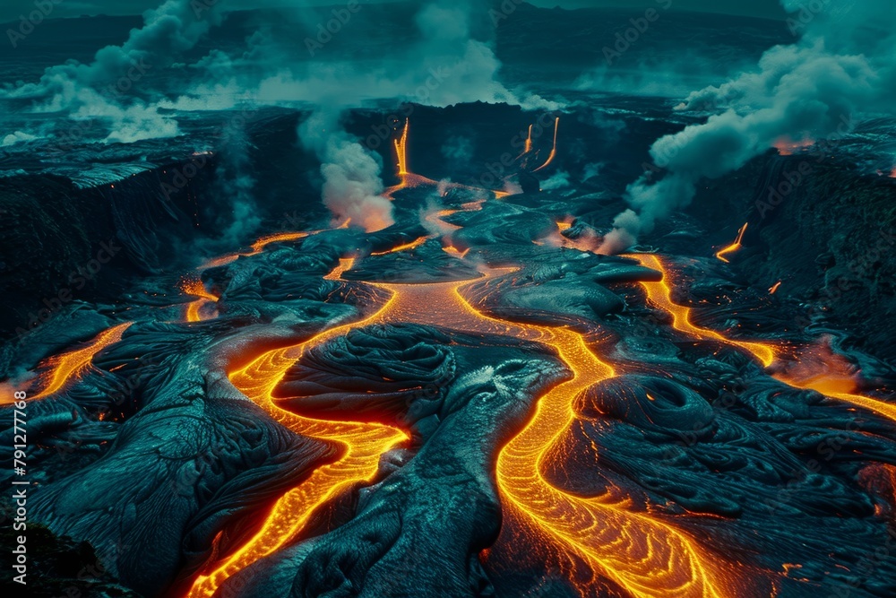 Hot molten lava streaming volcano eruption stream hot boiling magma ...