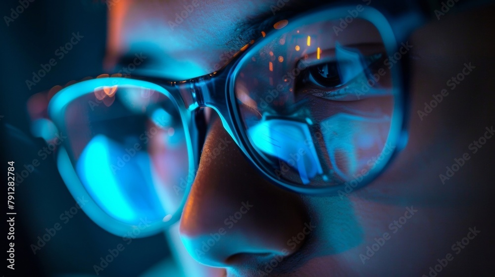 A person wearing bluelight blocking glasses while using their laptop ...