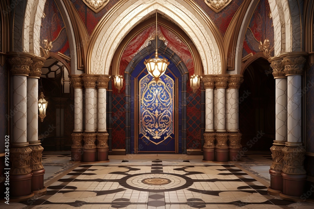 Scepter Holders and Mosaic Tile Inlays: Neo-Gothic Castle Foyer ...