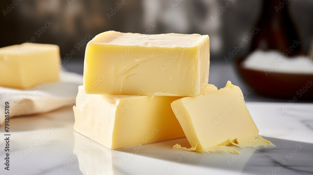Unsalted butter blocks, close-up, with one partially wrapped ...