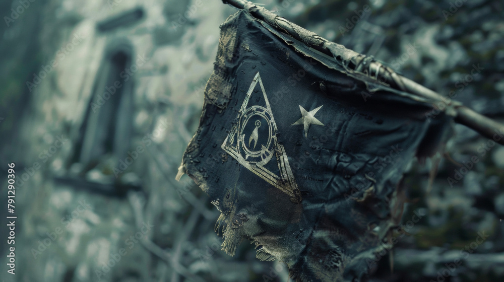 A faded tattered banner flutters in the breeze displaying a logo or ...