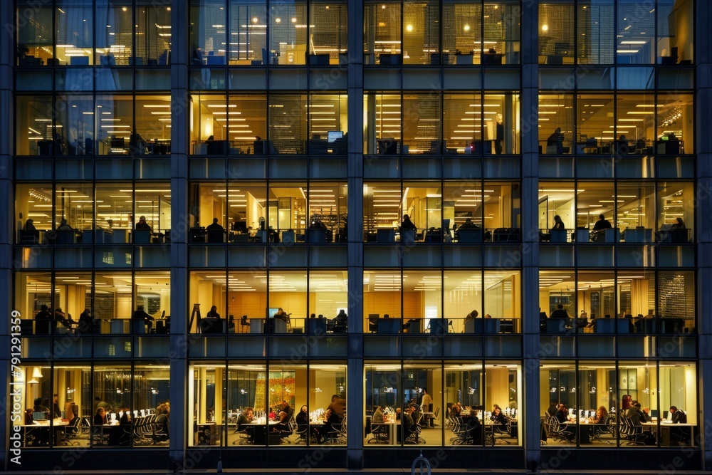 Modern office building windows lit in evening night early morning long ...