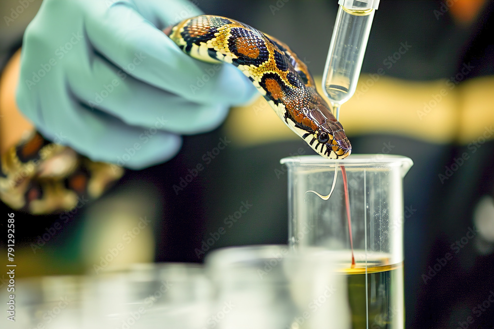 Extracting venom from snakes in laboratory, for medical research ...