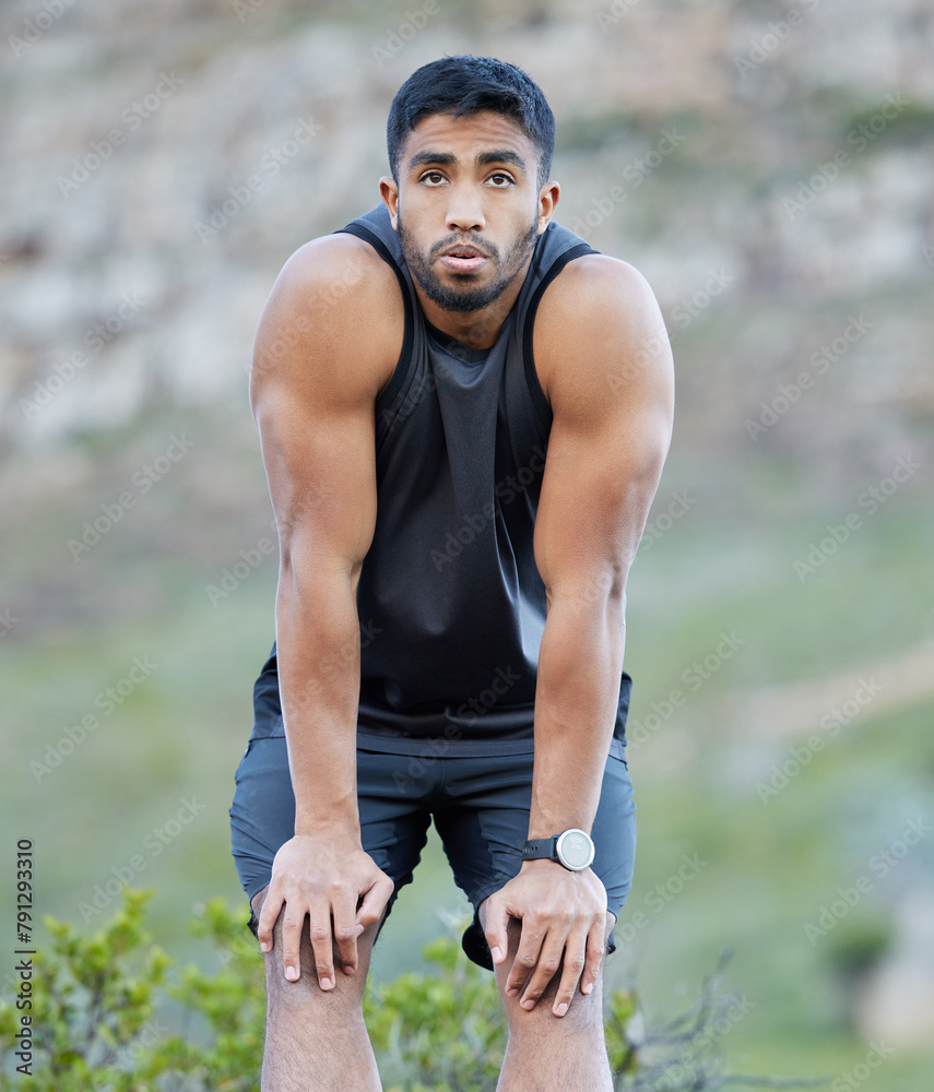 Runner, tired and man with fitness in nature for cardio exercise ...