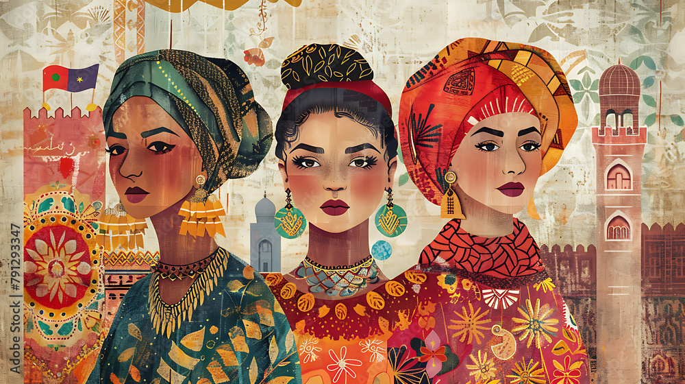 Artistic collage portrait of women around the world traditional dresses ...