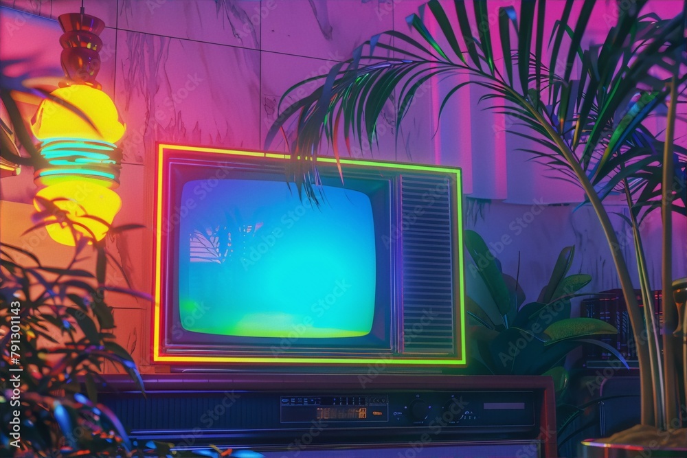 Synthwave style retro television set with glowing screen in a room with ...