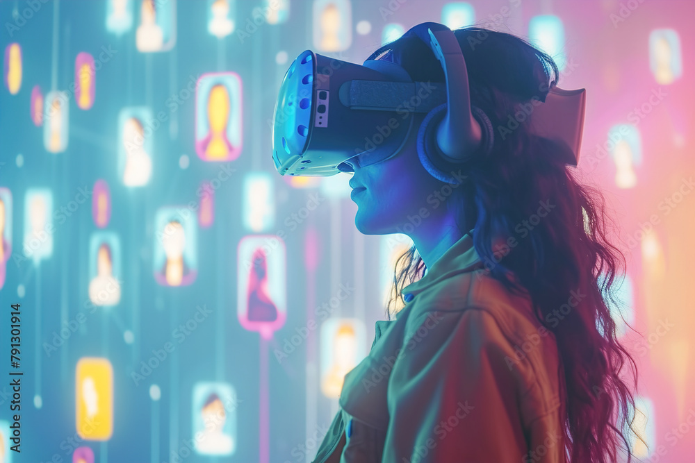 VR Headset, 3D avatars with 3D people faces around her, Woman Enters ...