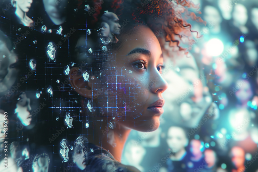 VR Headset, 3D avatars with 3D people faces around her, Woman Enters ...