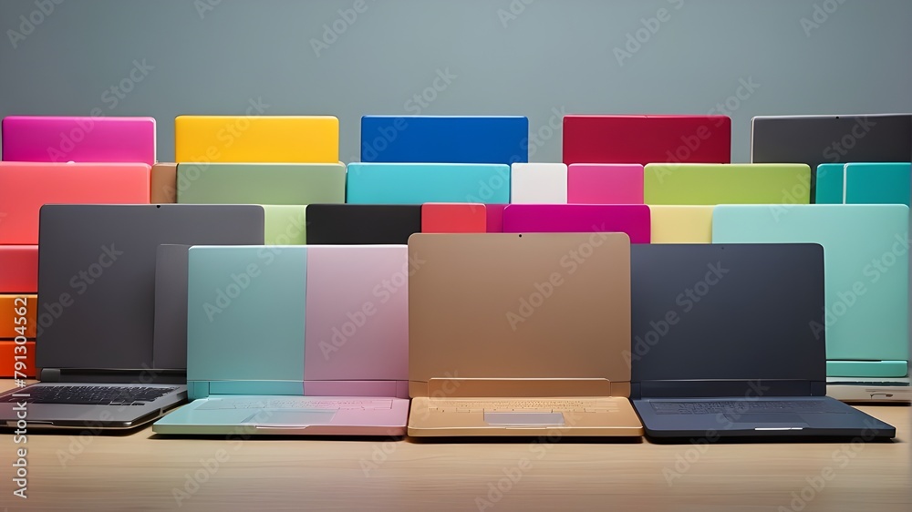 A stack of laptops in different colors, representing a range of ...