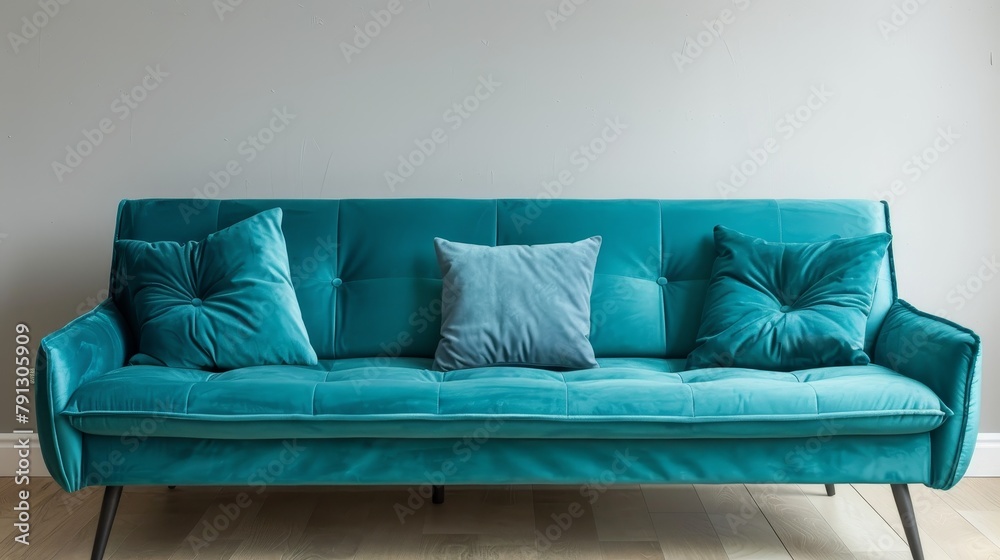 Space-saving turquoise sofa bed in a chic design, ready for sleep or ...