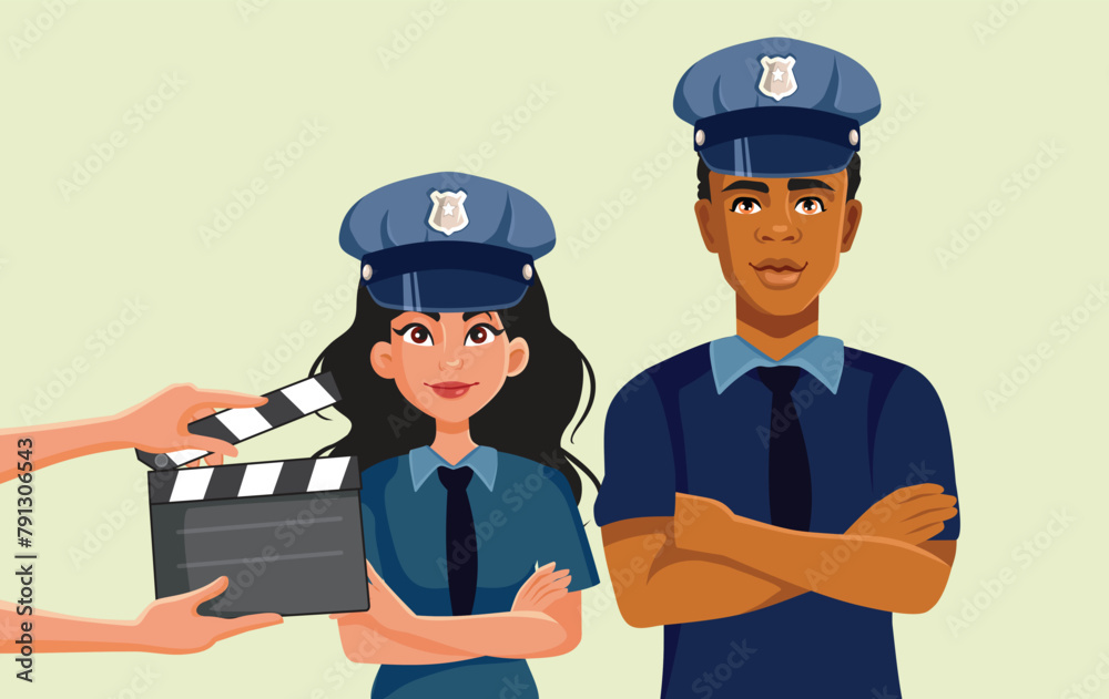Actors Filming an Action Police Movie Vector Illustration Characters ...