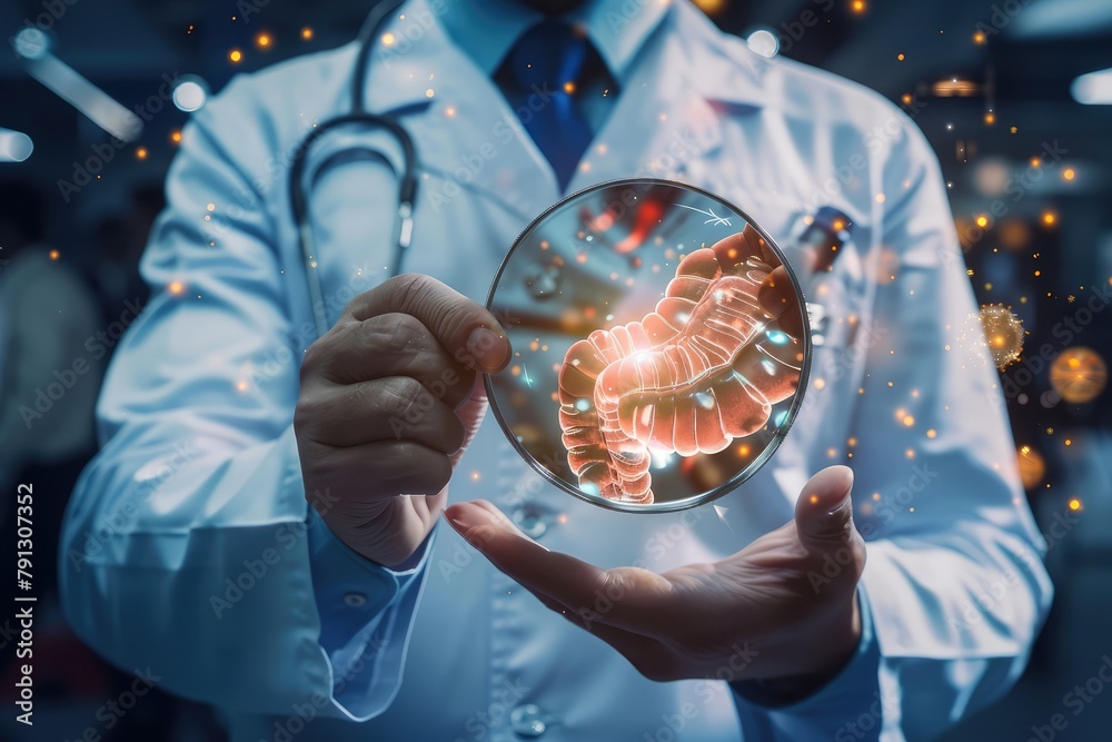 Doctor holding Magnifier focus to stomach with intestine virtual icon ...