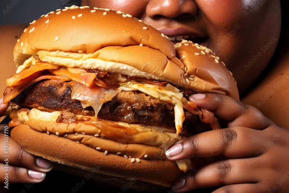 An extremely large burger and a dark skinned human behind it. The ...