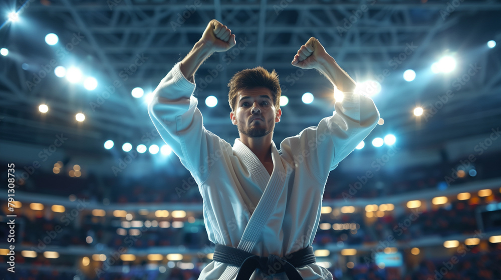 A karate athlete raises his arms proudly after becoming an Olympic ...