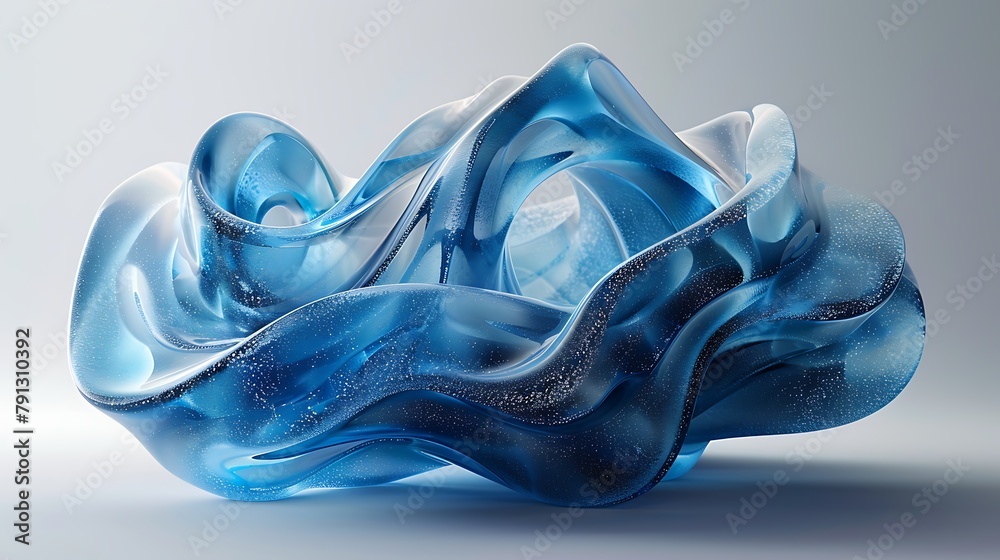 An abstract swirling form with blue and translucent shades representing ...