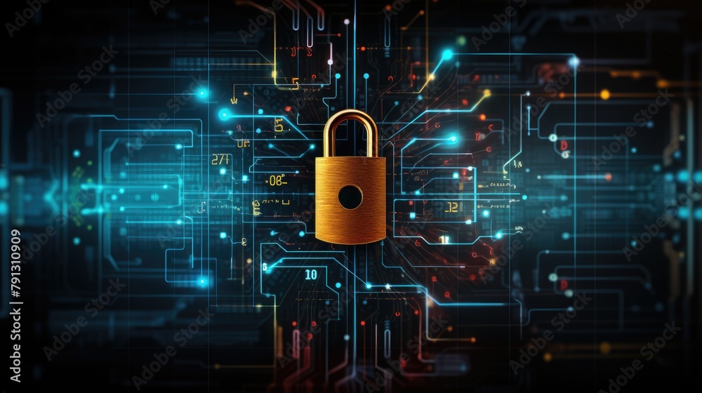 Abstract digital lock and key symbols surrounded by data streams ...