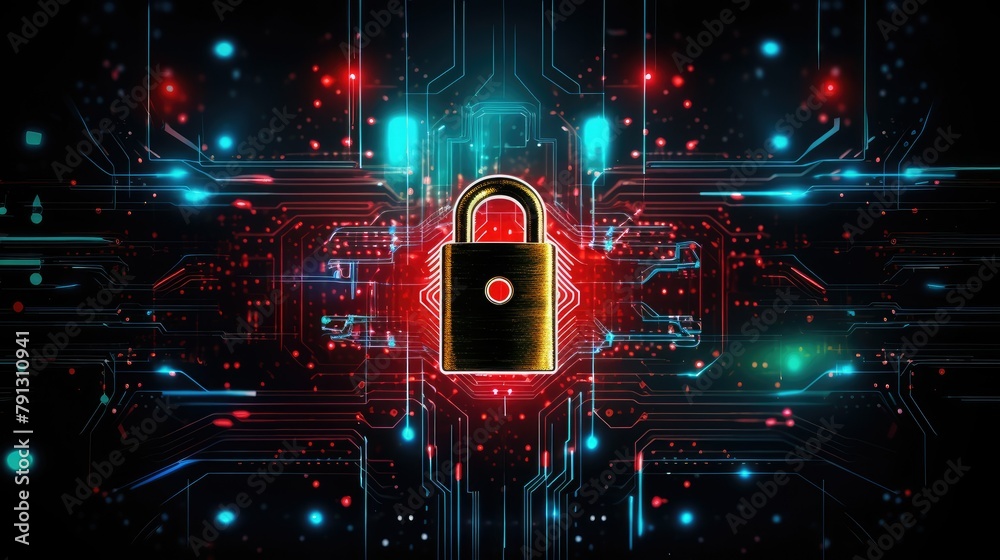 Abstract digital lock and key symbols surrounded by data streams ...