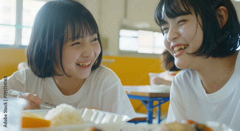 cute Japanese girls eating lunch in the school cafeteria, laughing and ...