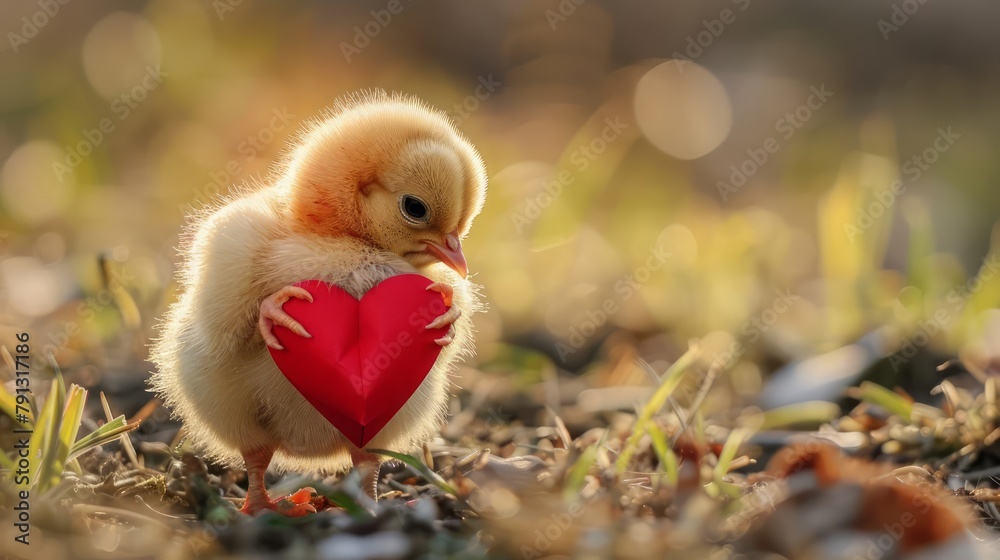 A fluffy chick nuzzles a giant red paper heart, its tiny wings fluffed ...