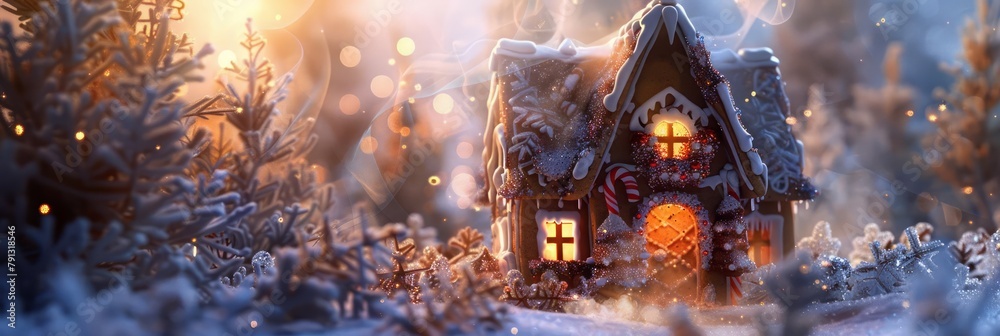 Wispy tendrils of steam rise from a gingerbread house, its candy cane ...