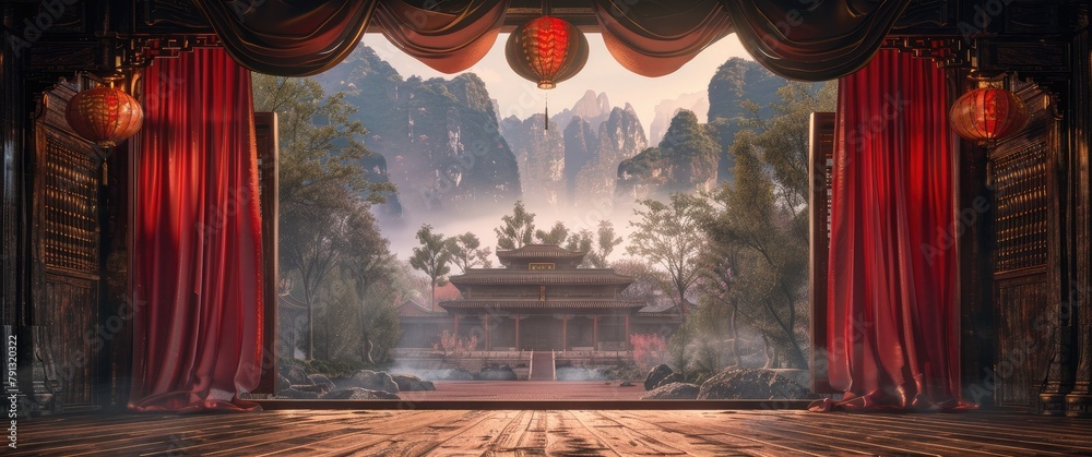 chinese style stage with red curtains on both sides, The background ...