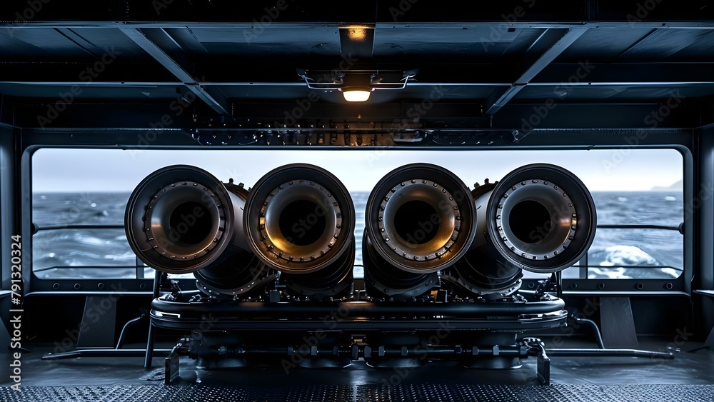 Numerous exhaust pipes on ships stern show strong propulsion system ...