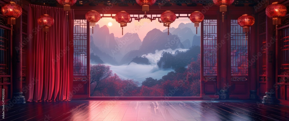 chinese style stage with red curtains on both sides, The background ...
