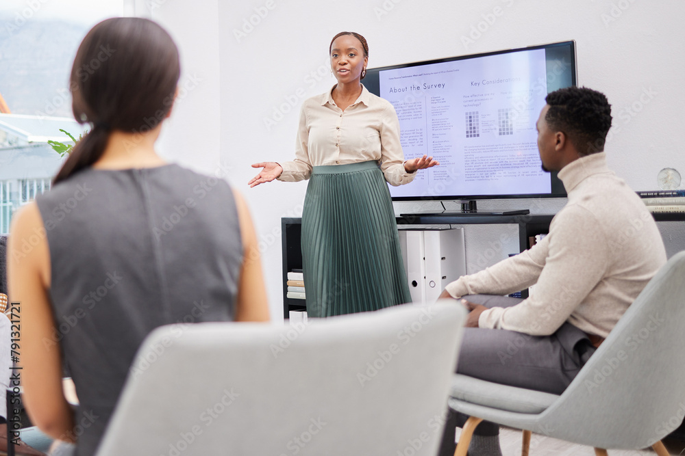 Black woman, presentation and screen for business meeting in office ...