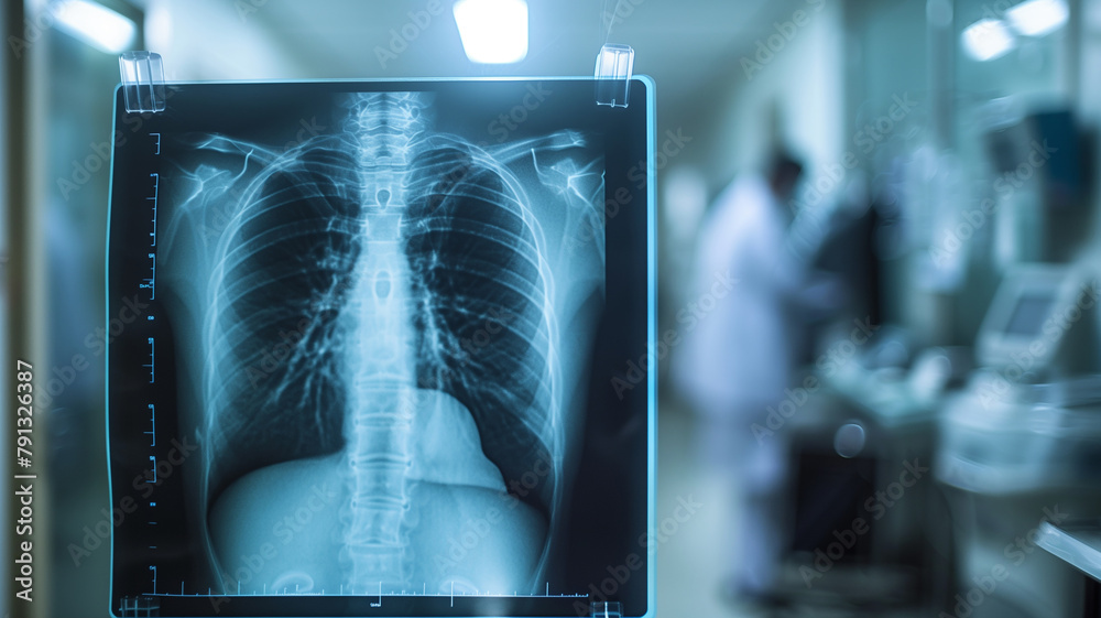 X-ray image of chest displayed in a hospital viewing box with a blurry ...
