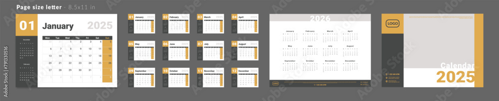 Set of 2025 Monthly Calendar Planner Templates, Annual 2026, Cover with ...