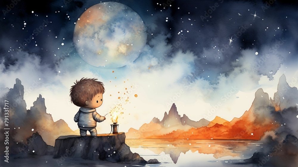 Artistic watercolor scene of a reflective astronaut writing a poem by ...