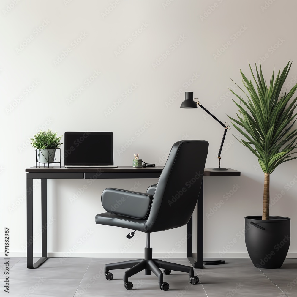 Minimalist workspace with a simple black desk, ergonomic chair, and a ...