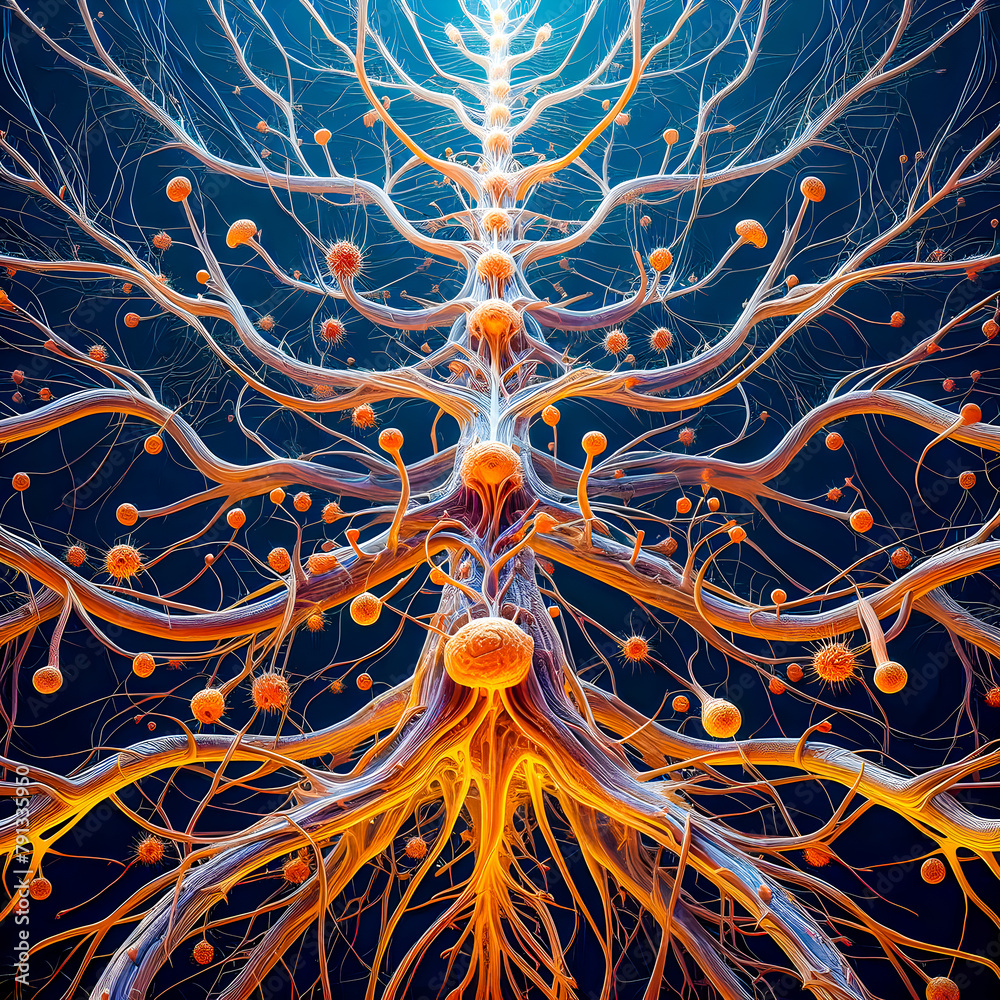 The illustration shows a network of nerve fibers in the spinal cord ...