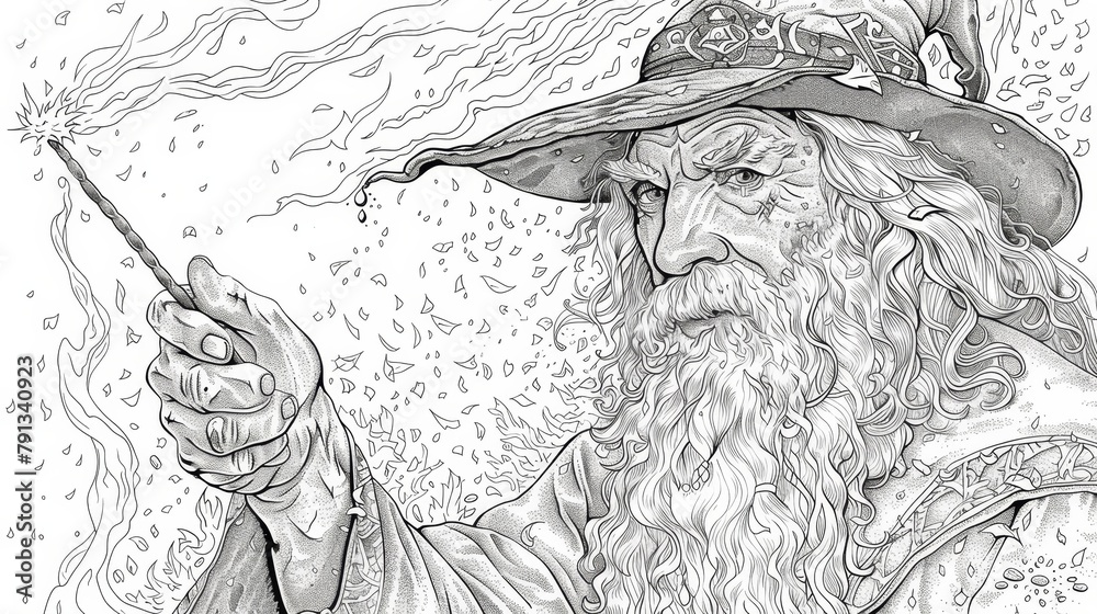 Fairy Tales: A coloring book page featuring a wise old wizard with a ...