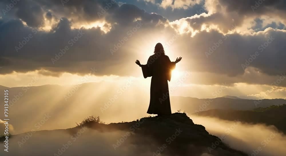 Silhouette of Jesus Praying on Hill Crest: Sun Rays and Mystic Clouds ...