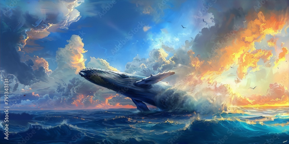 Majestic blue whale breaching above the ocean waves with a vibrant ...