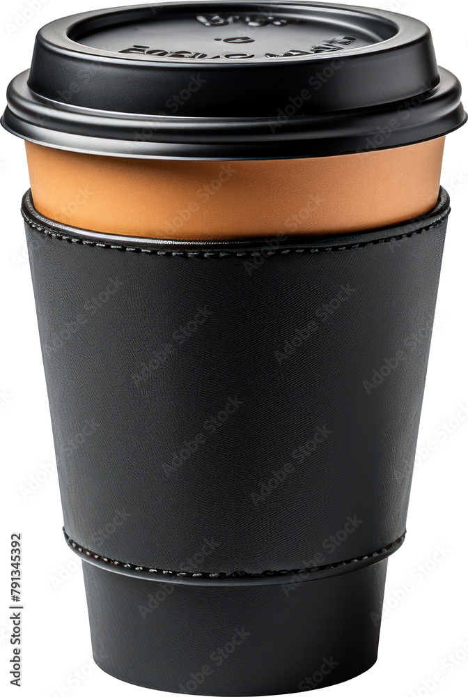 Takeaway black paper coffee cup with sleeve mug isolated cutout on ...