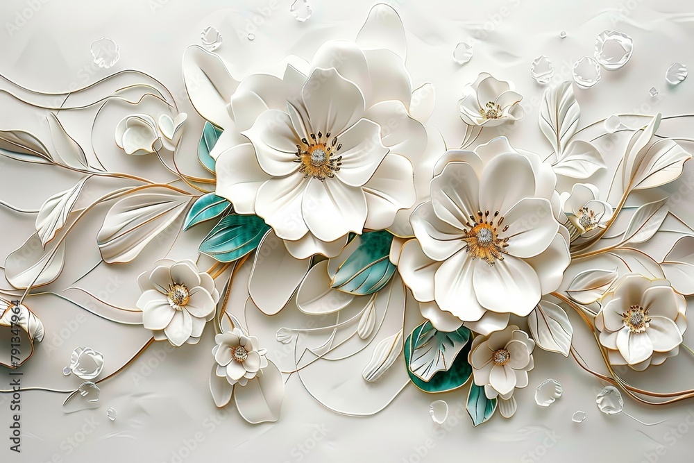 3d mural illustration flowers white background , wallpaper, Generative ...