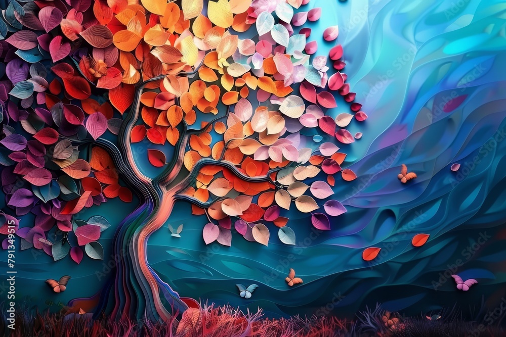 Colorful tree with multicolor leaves illustration background. 3d ...