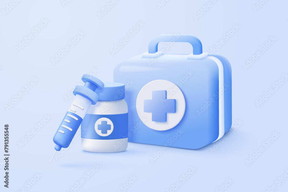 3d first aid medicine box with plus icon. Vaccination medical equipment ...